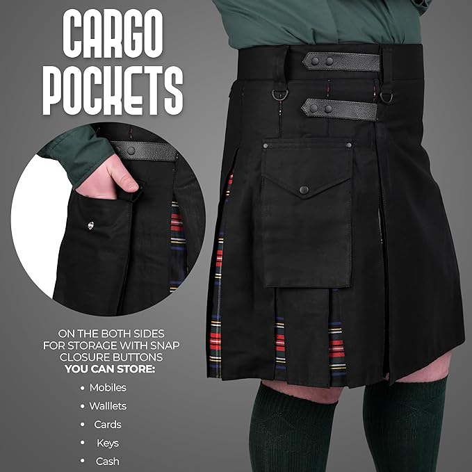 Black Stewart Hybrid Utility Kilts for Men Scottish Traditional Kilt w