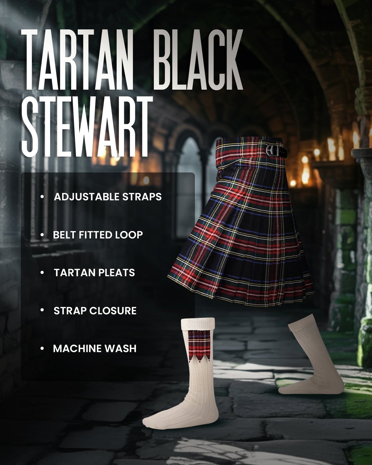 Kilt for Men I Black Stewart Tartan Kilt Polyviscose 8 Yard Traditiona ...