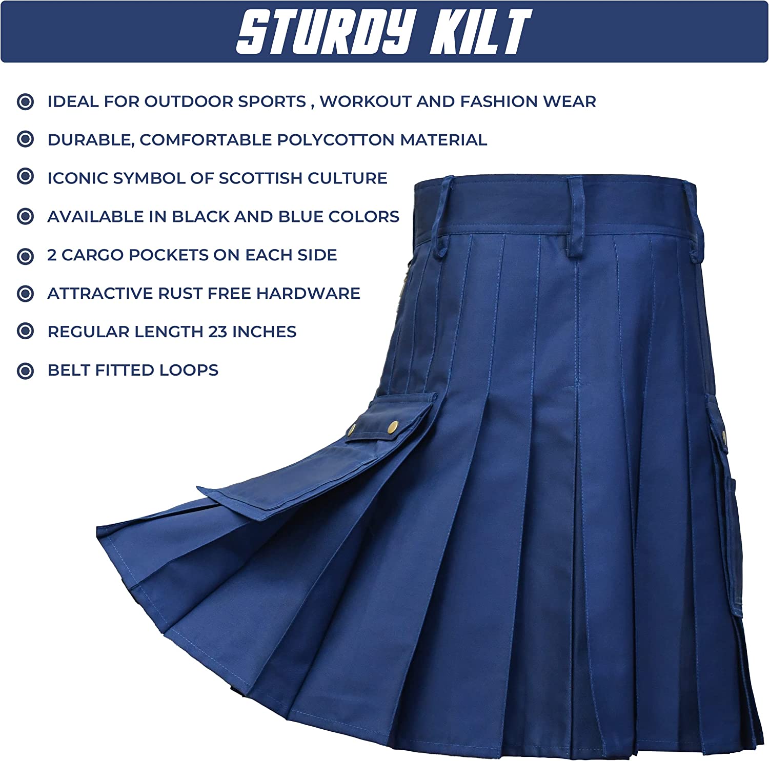 Navy Blue Modern Utility Kilt for Men | 100% Cotton