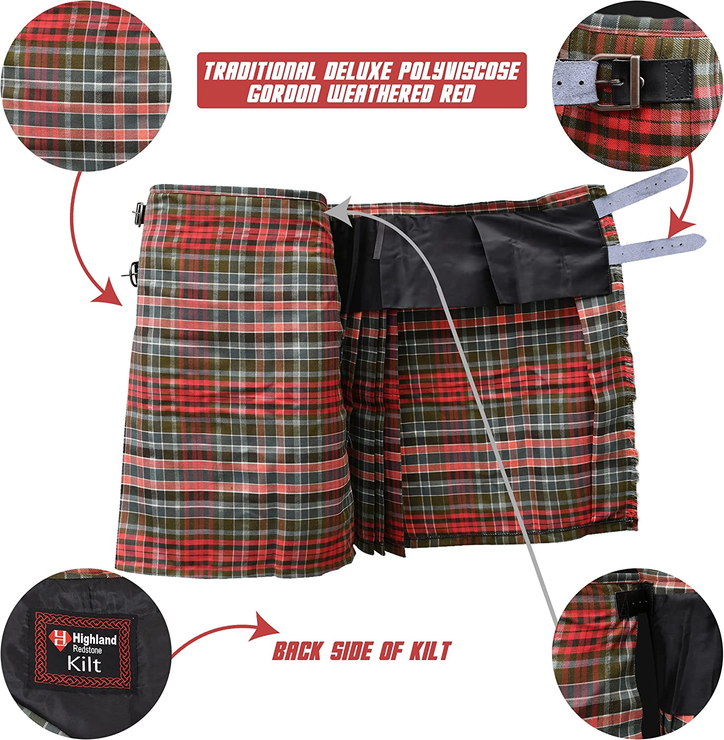 Kilt for Men I Gordon Weathered Red Scottish Tartan Kilt Polyviscose 8